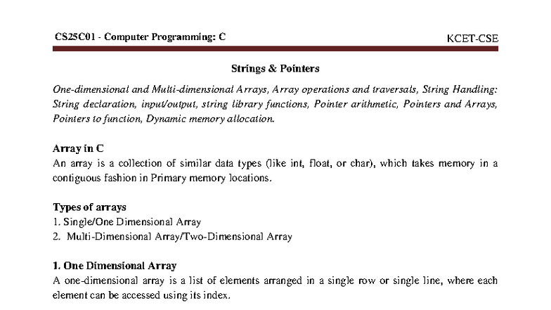 CS25C01 Computer Programming: C Strings, Pointers, and Array Operations - Studocu