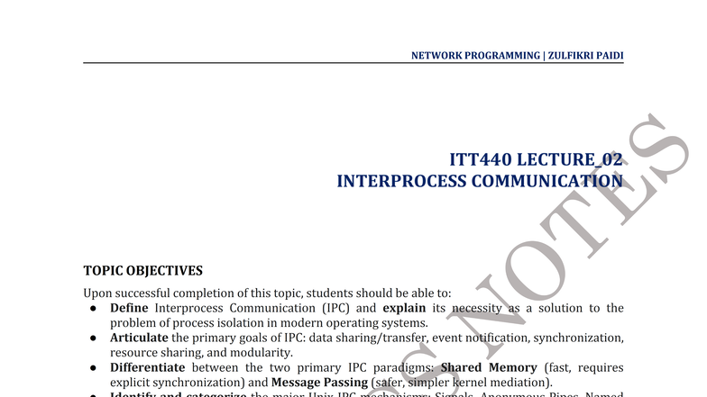 NETWORK PROGRAMMING I ITT440 LECTURE 02: INTERPROCESS COMMUNICATION - Studocu