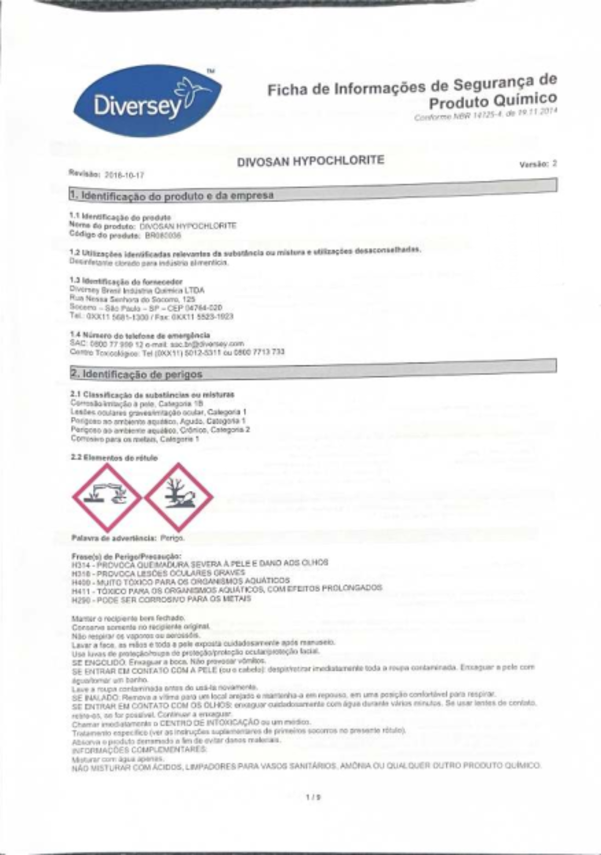 Ficha de Informações de Segurança - Divosan Hypochlorite (FISPQ) - Studocu