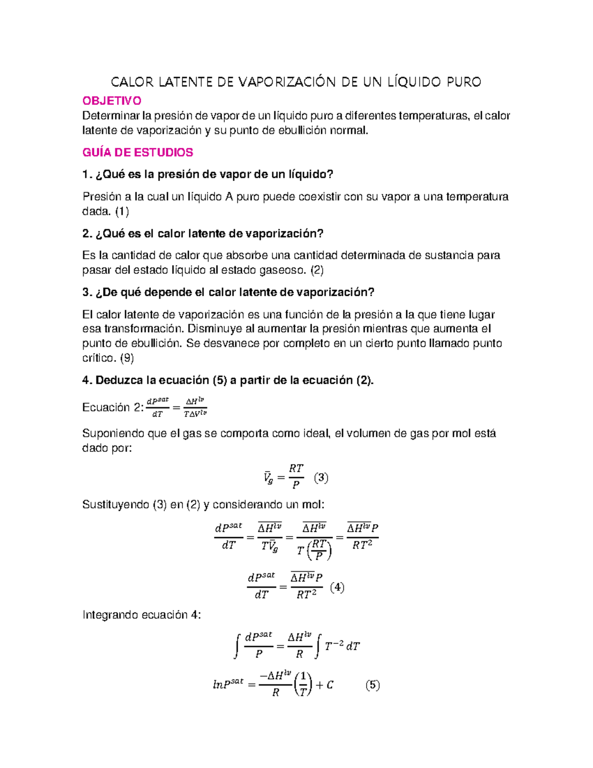 Práctica 1: Calor Latente de Vaporización de Líquidos Puro - Studocu