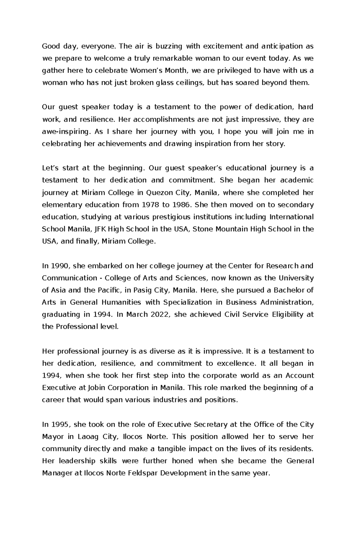 Guest Speaker Speech for Women’s Month Celebration Event - Studocu