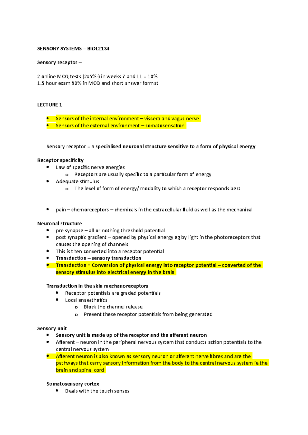 Sensory Systems - BIOL Lecture Notes on Receptors and Transduction ...