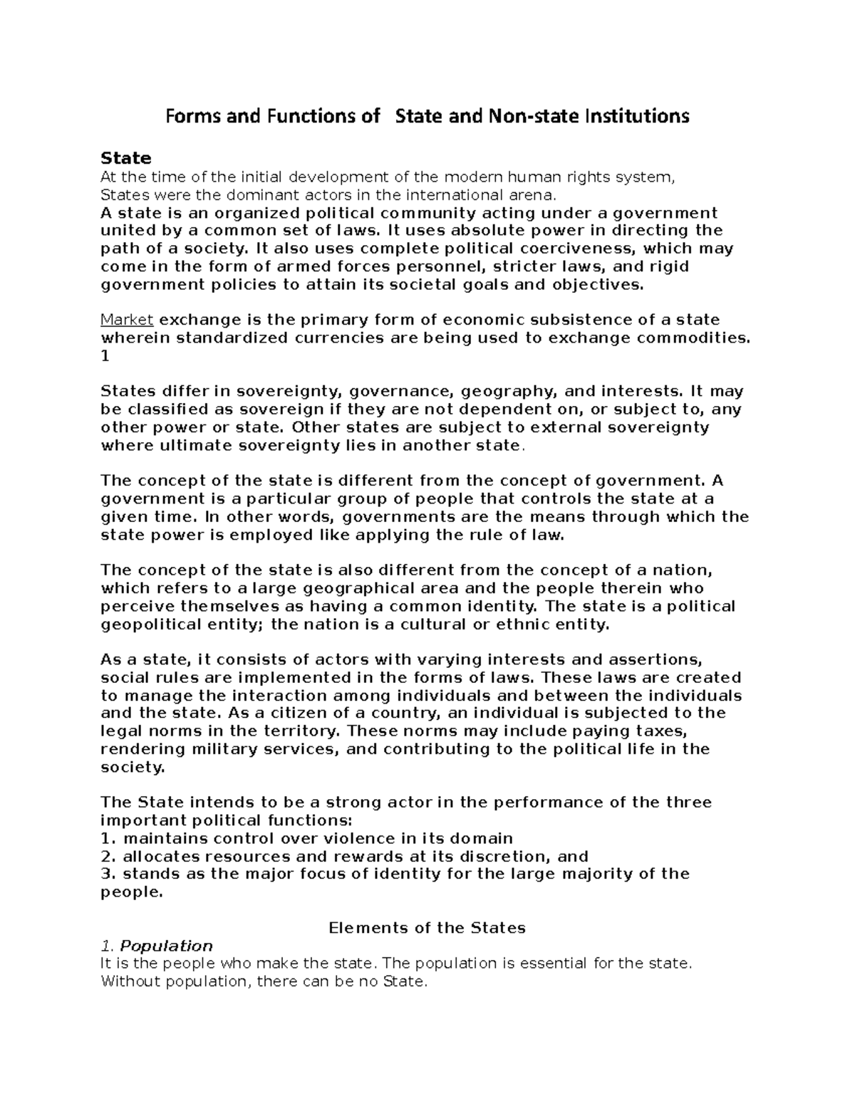 Module UCSP 20k3 - Forms and Functions of State and Non-state Institutions State At the time of ...