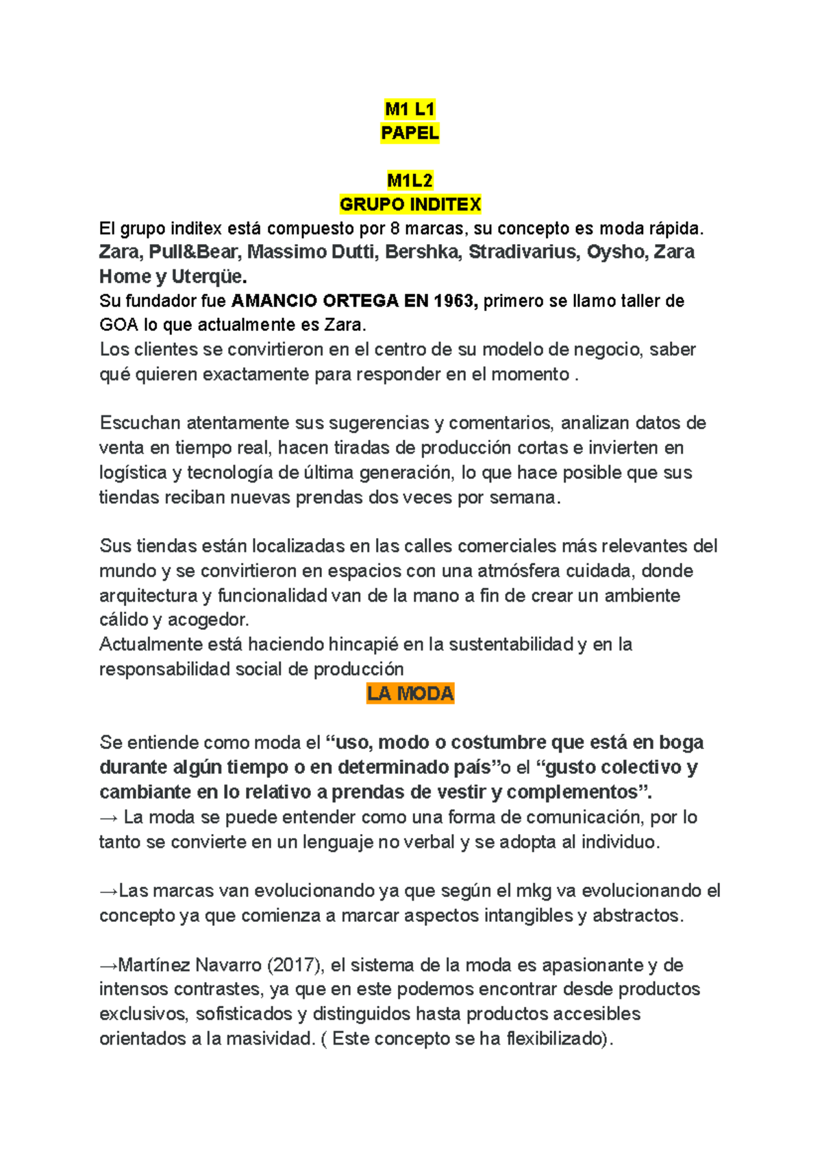 M1 L1 Diseño de Indumentaria: Grupo Inditex y Moda Rápida - Studocu