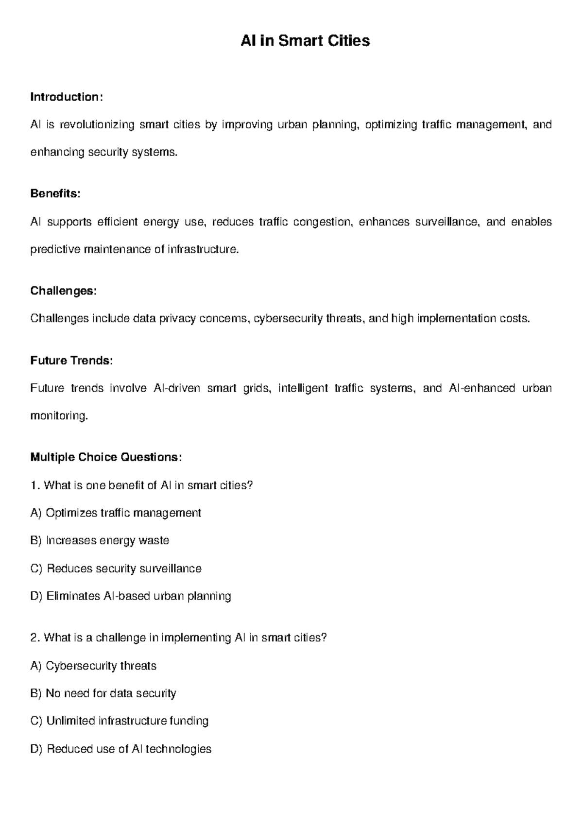 AI in Smart Cities - Study Guide and MCQs - Studocu