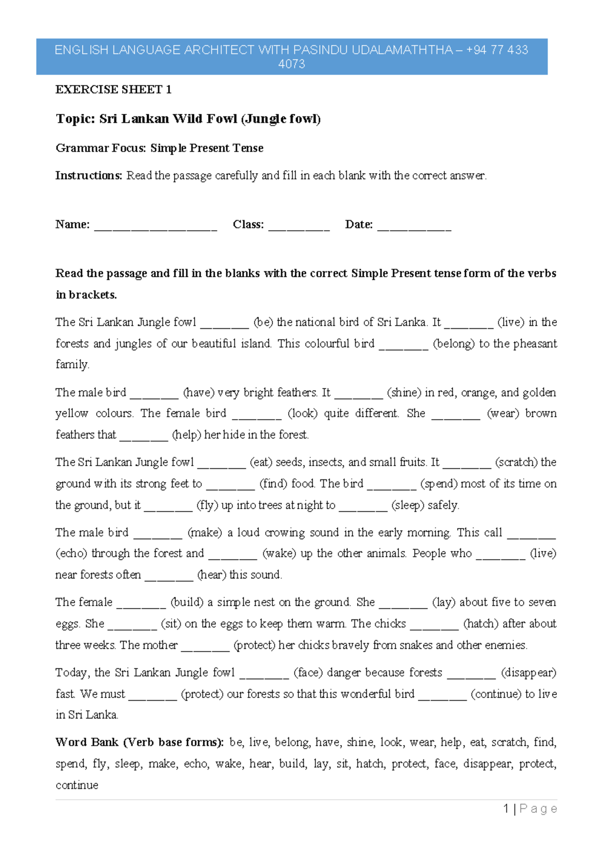 Sri Lanka Wildlife Exercise Sheets: Grammar Focus on Local Fauna - Studocu