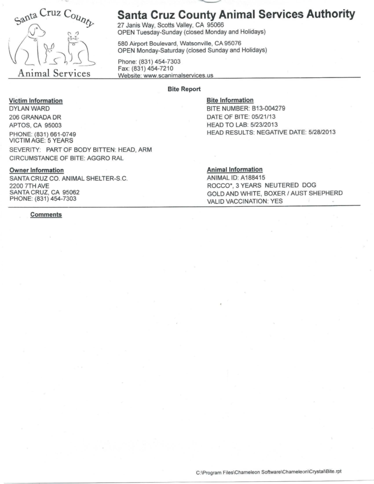 Dylan Ward Dog Bite Incident Report - Santa Cruz Co. Animal Services ...