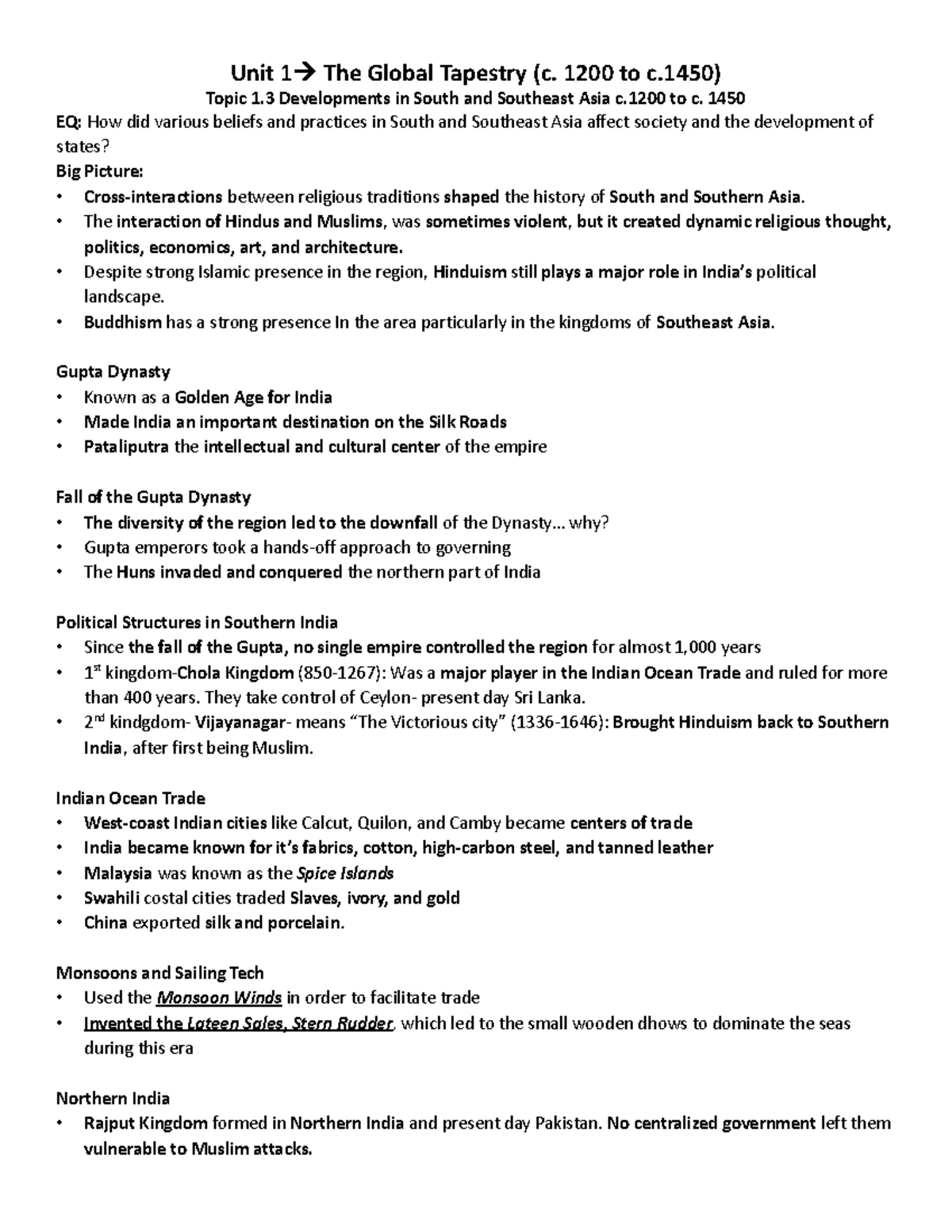 Unit 1.3 Notes: Developments in South & Southeast Asia (c.1200-1450 ...