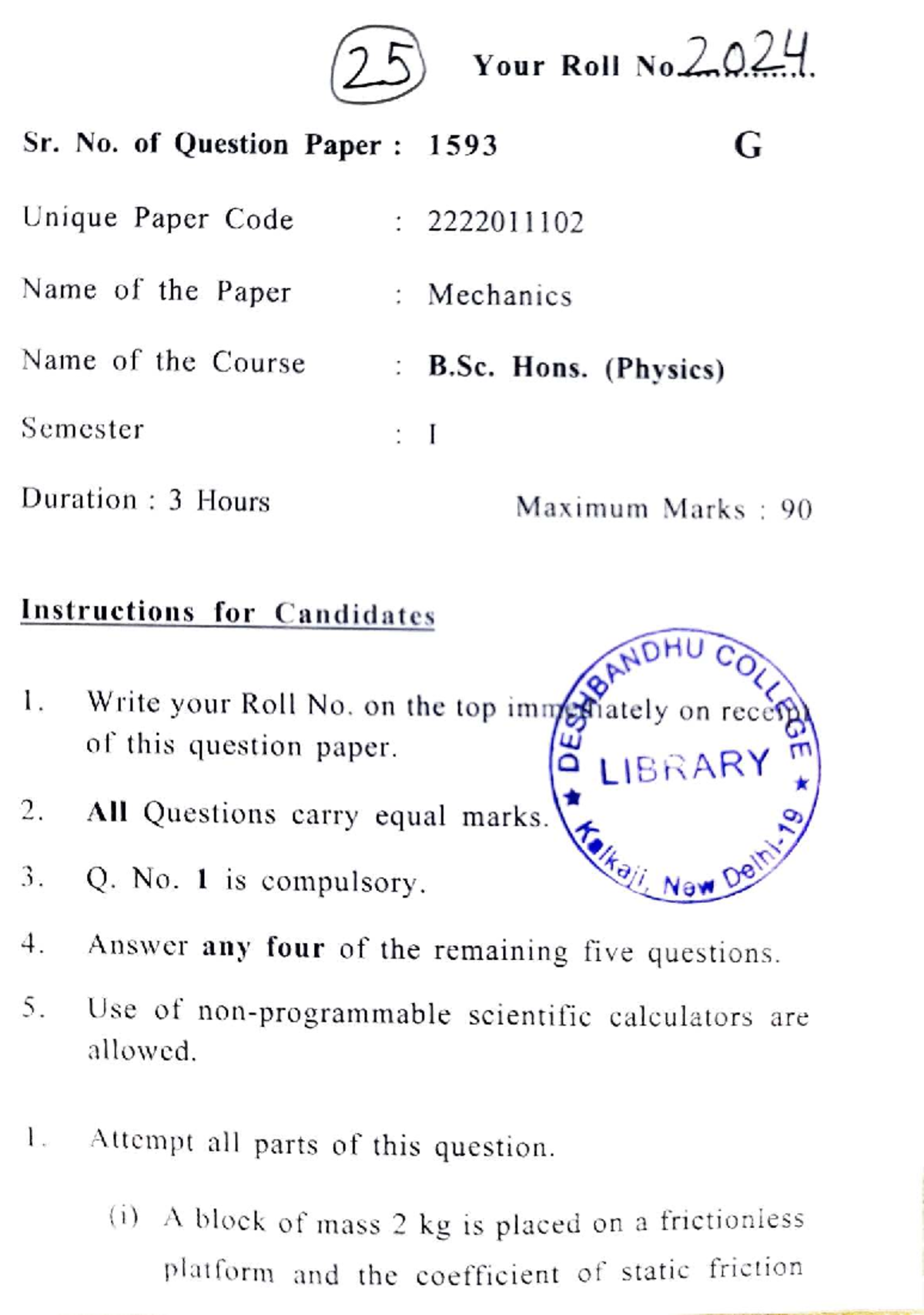 B.Sc. Hons. Physics Mechanics Exam Paper 2023 - Sem 1 - Studocu