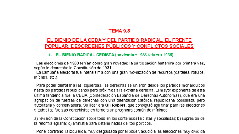 TEMA 9.3 - El Bienio de la CEDA y el Frente Popular: Conflictos ...