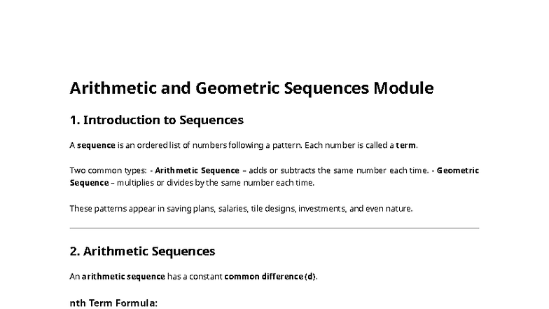 Arithmetic and Geometric Sequences: Module 1 Overview - Studocu