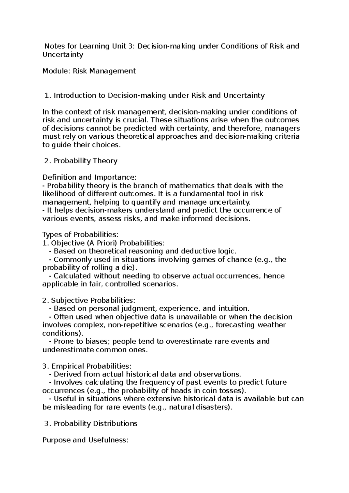 LU3 Notes: Decision-Making Under Risk & Uncertainty in Risk Mgmt - Studocu