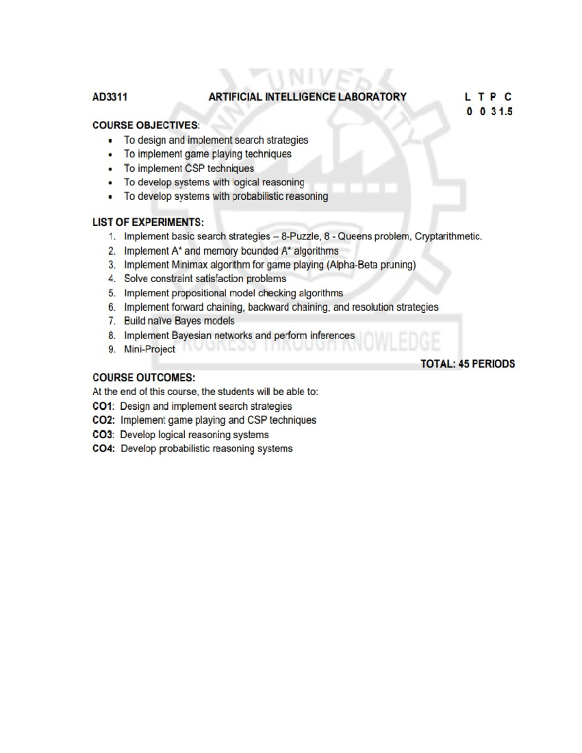 AD3311 AI Laboratory & Course Syllabus: Experiments and Objectives ...