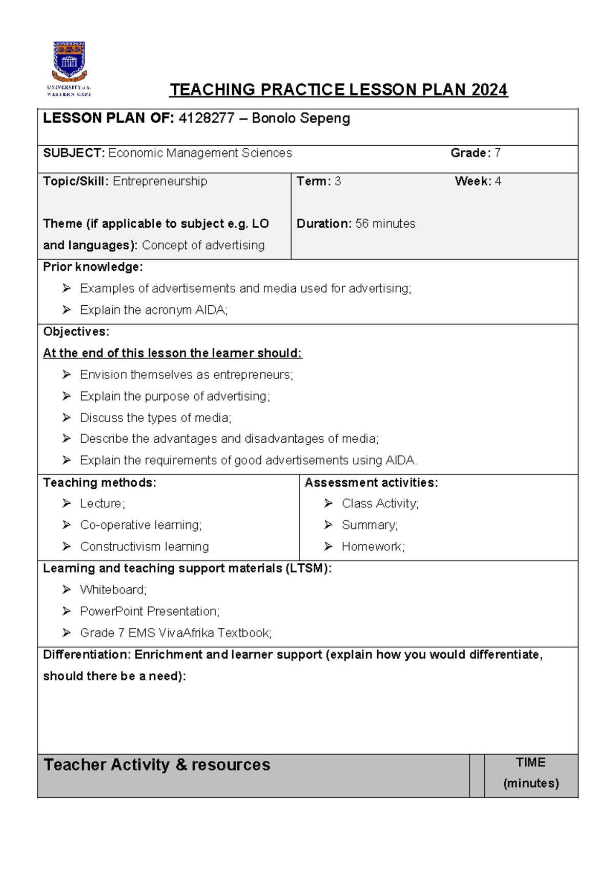 Lesson Plan - Concept of Advertising for EMS 4128277 - Studocu