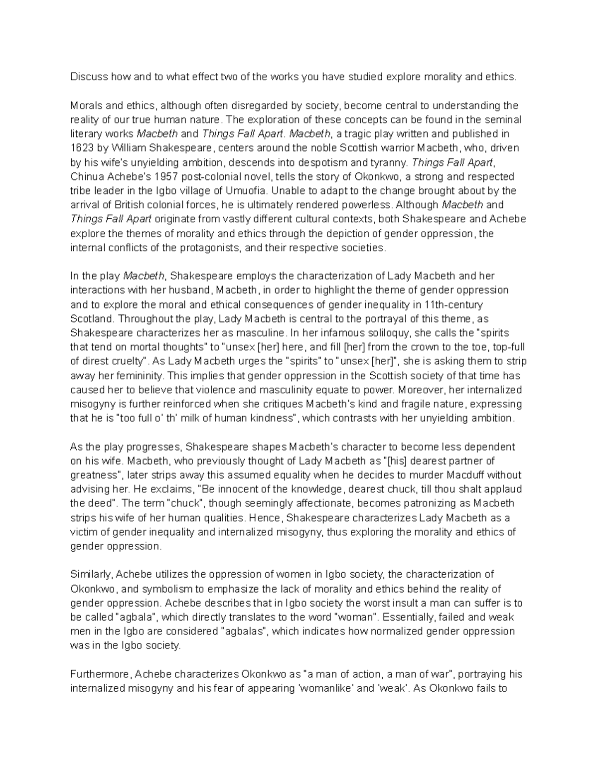 Exploring Morality and Ethics in Macbeth and Things Fall Apart (ENG 2 ...