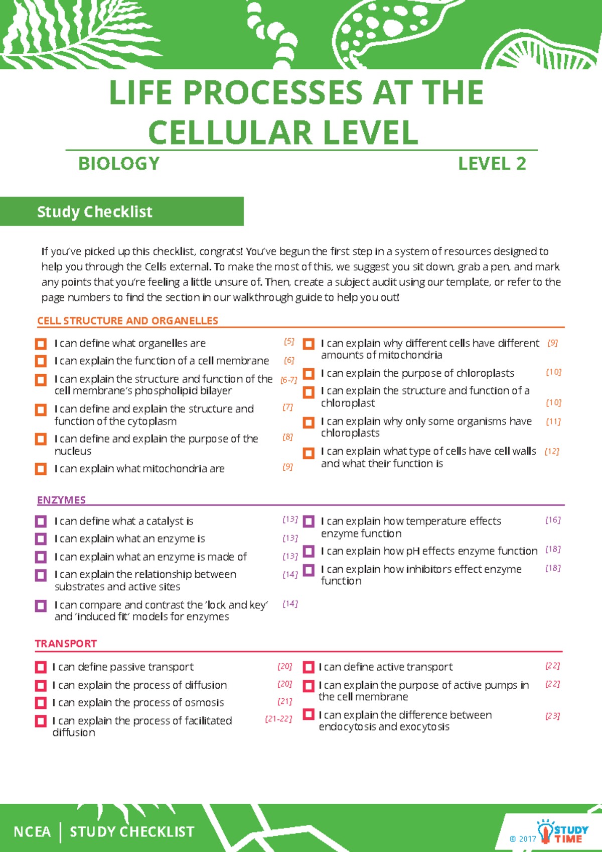 Level 2 Biology: Life Processes at the Cellular Level Study Checklist ...