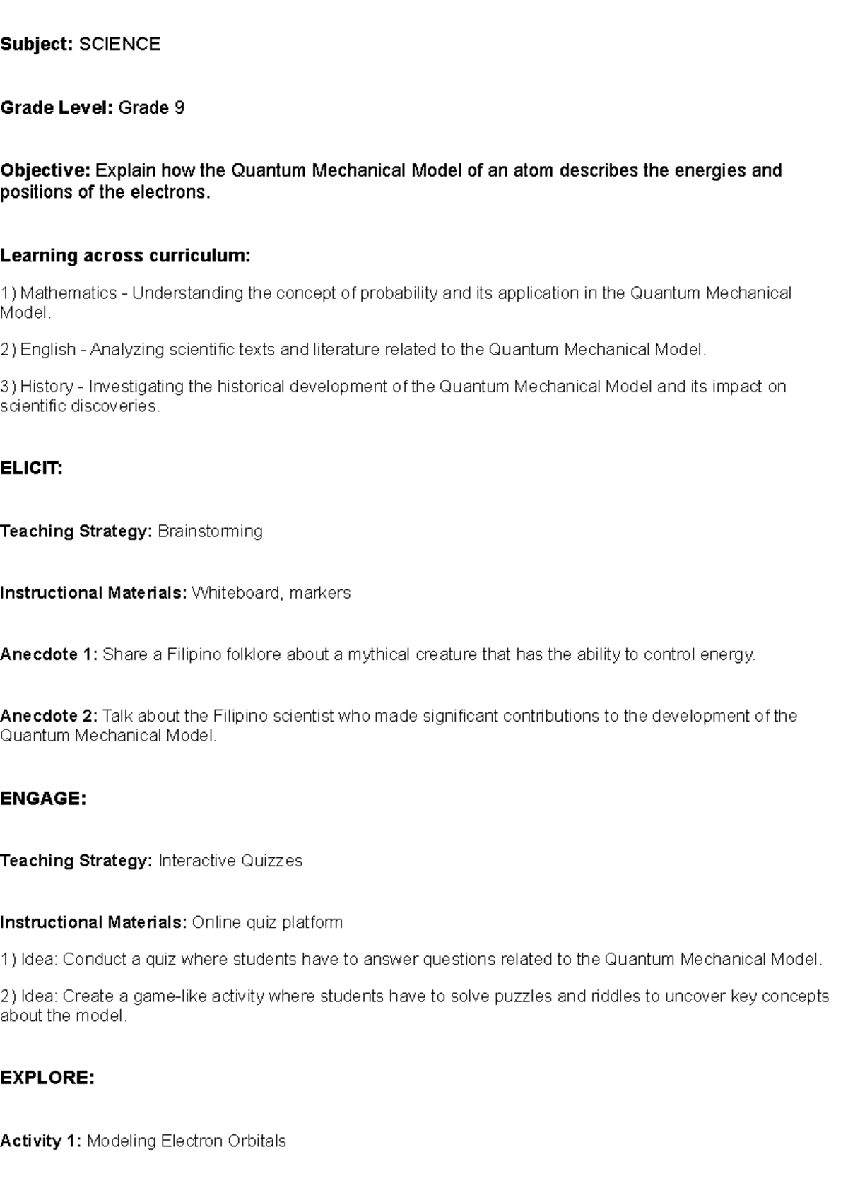 Grade 9 Science Lesson Plan on Quantum Mechanical Model - Studocu