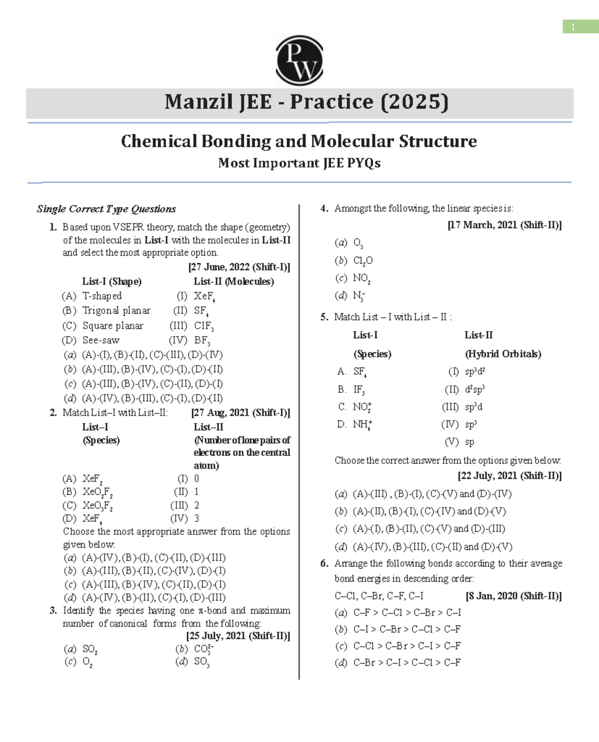 Chemical Bonding & Molecular Structure PYQs - Manzil JEE 2025 - Studocu