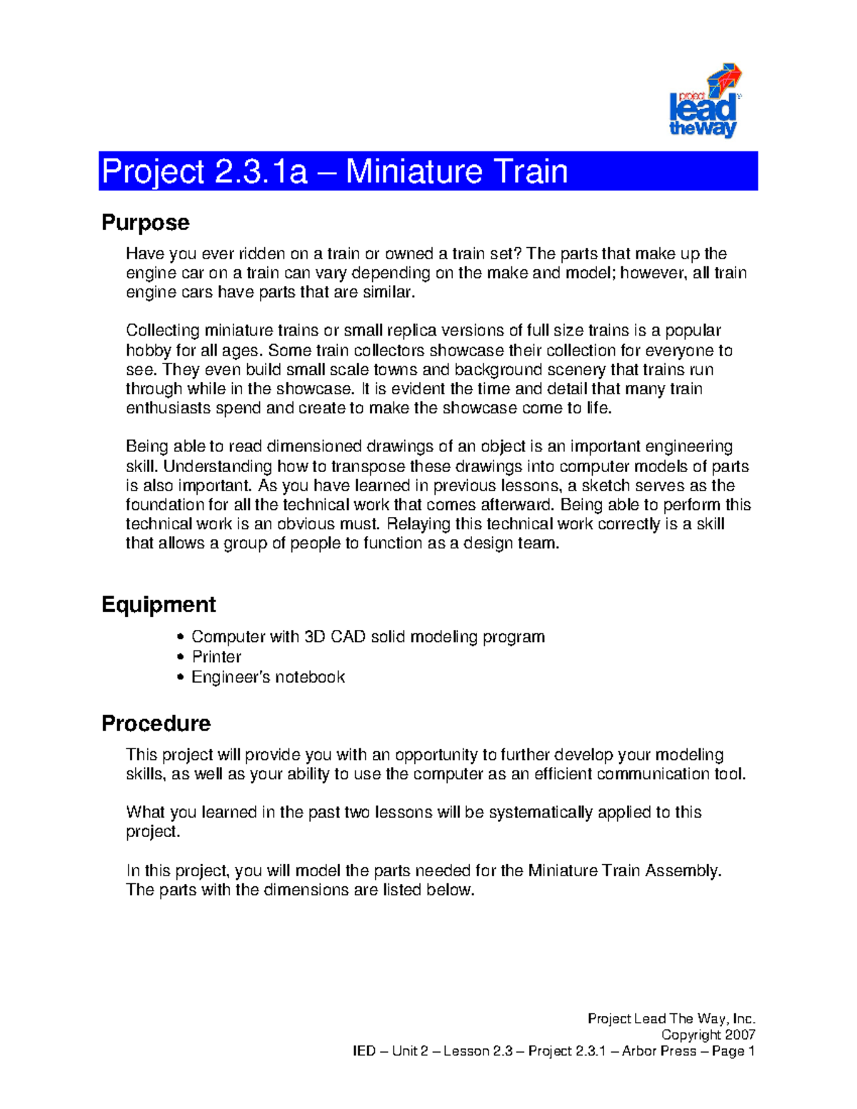 Project 2.3: Engineering Design of a Miniature Train Assembly - Studocu