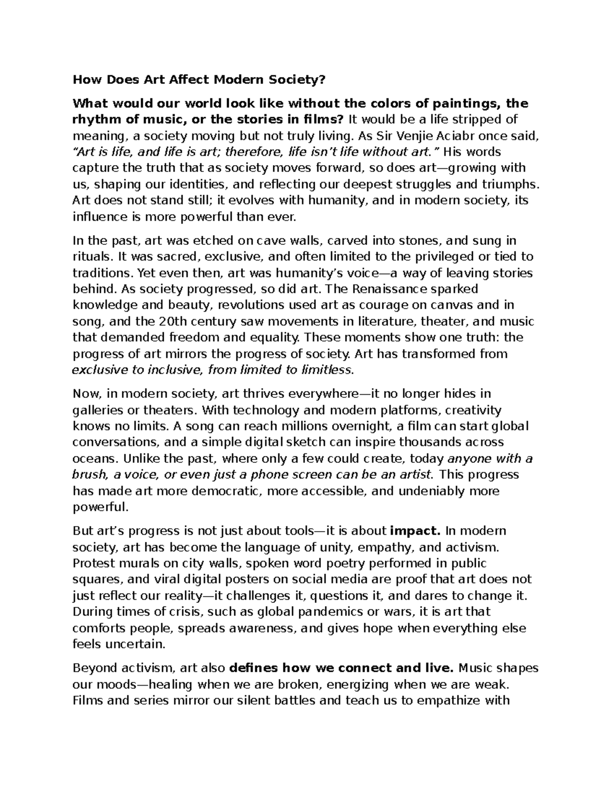 The Impact of Art on Modern Society: A Reflection on Culture and ...