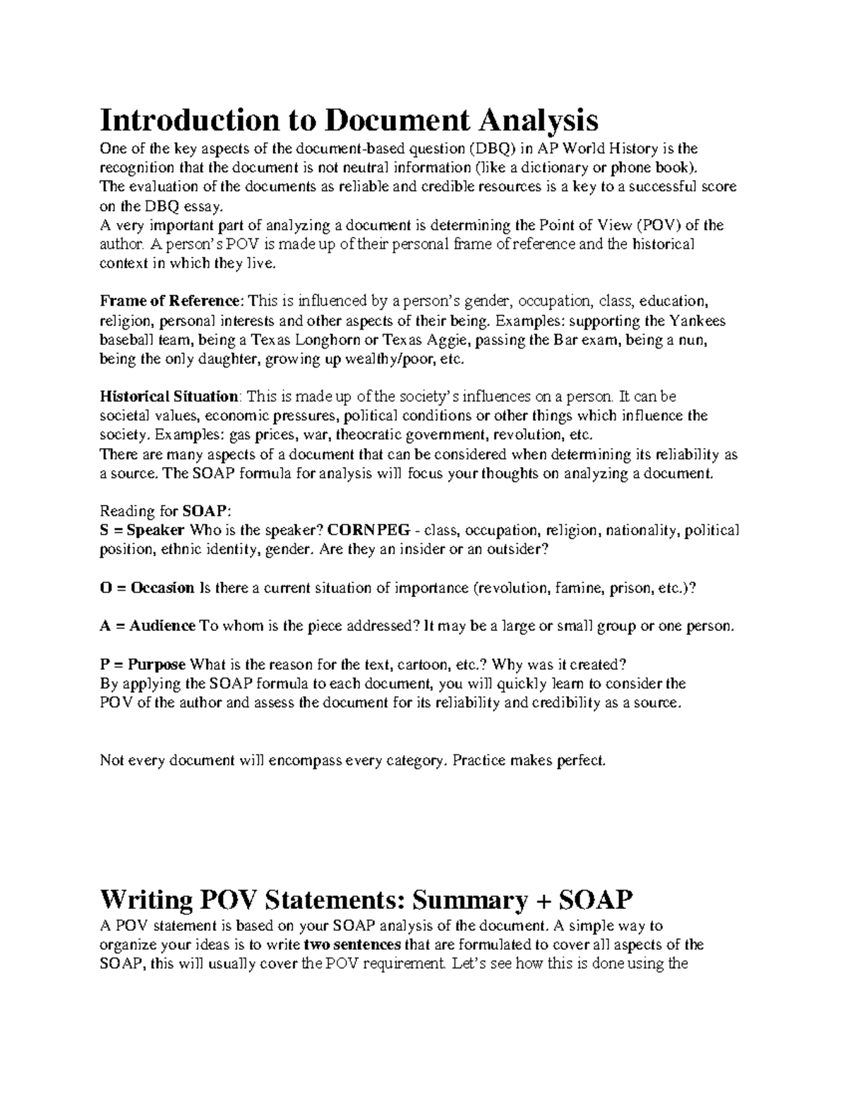 AP World History: Introduction to Document Analysis and POV Evaluation ...