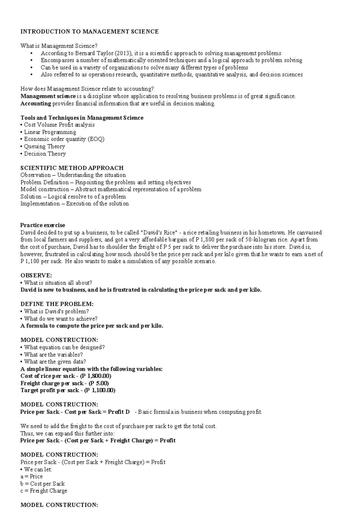 Mansci Introduction TO Management Science - INTRODUCTION TO MANAGEMENT ...