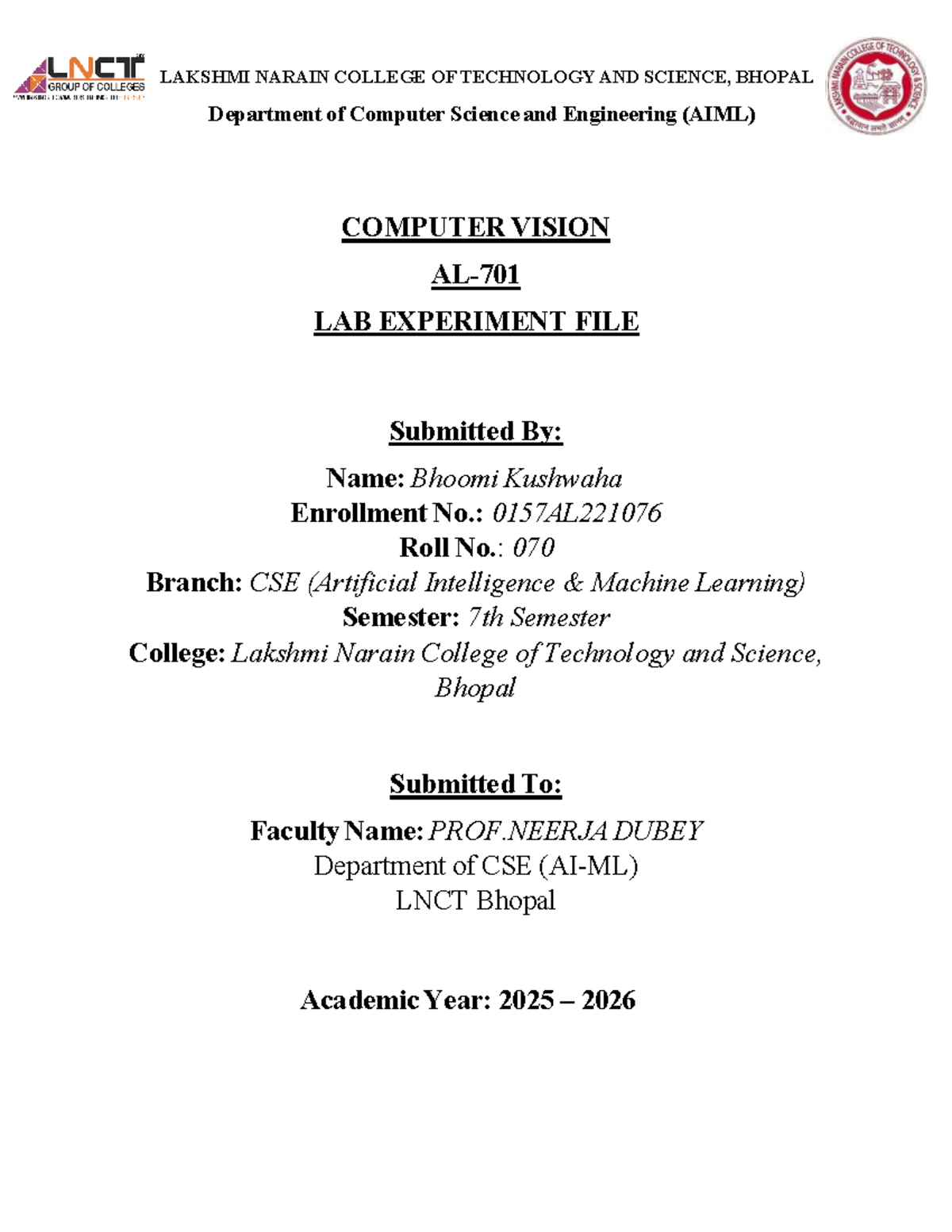 Computer Vision Lab Experiments - AL701 Practical Guide - Studocu