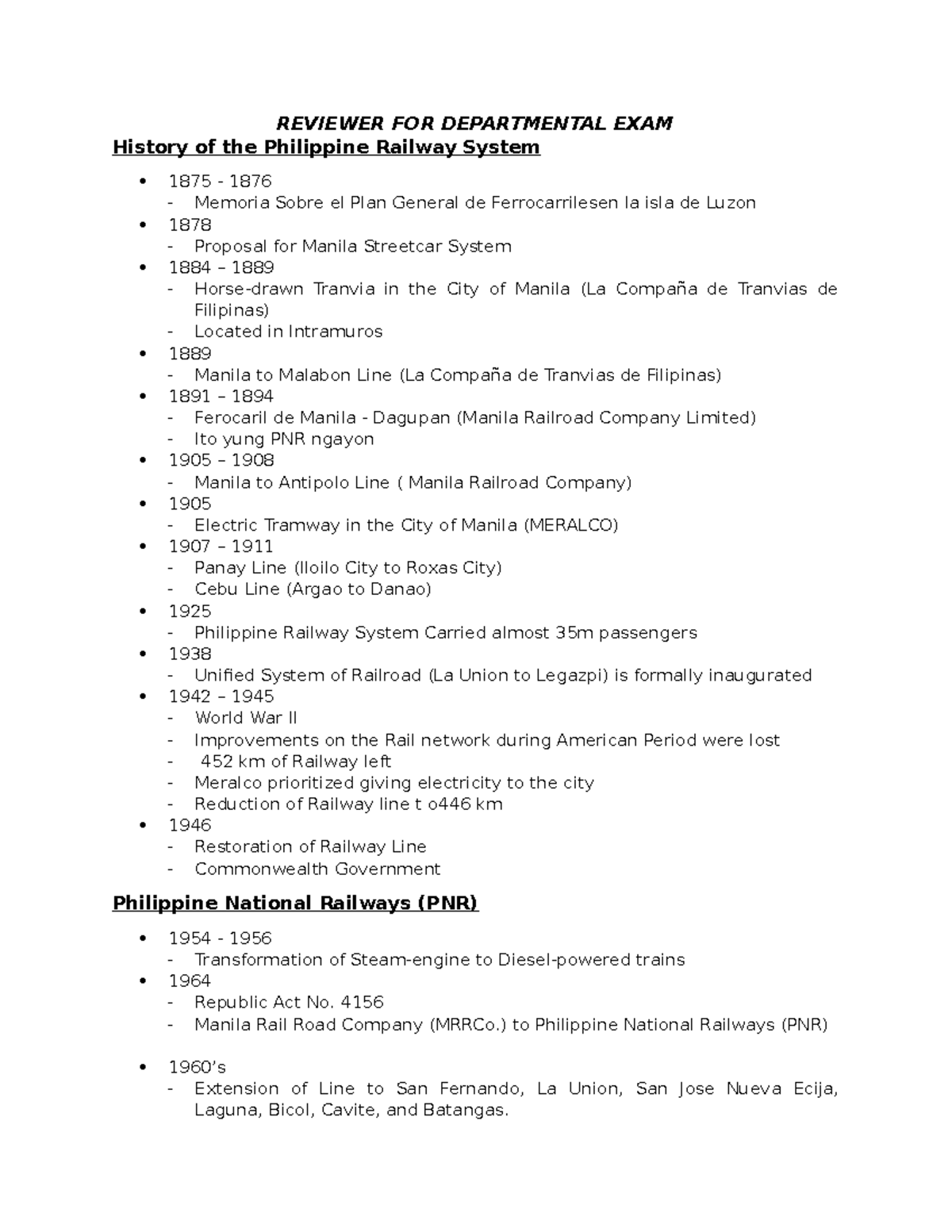 Reviewer for Departmental Exam on Philippine Railway System - Studocu