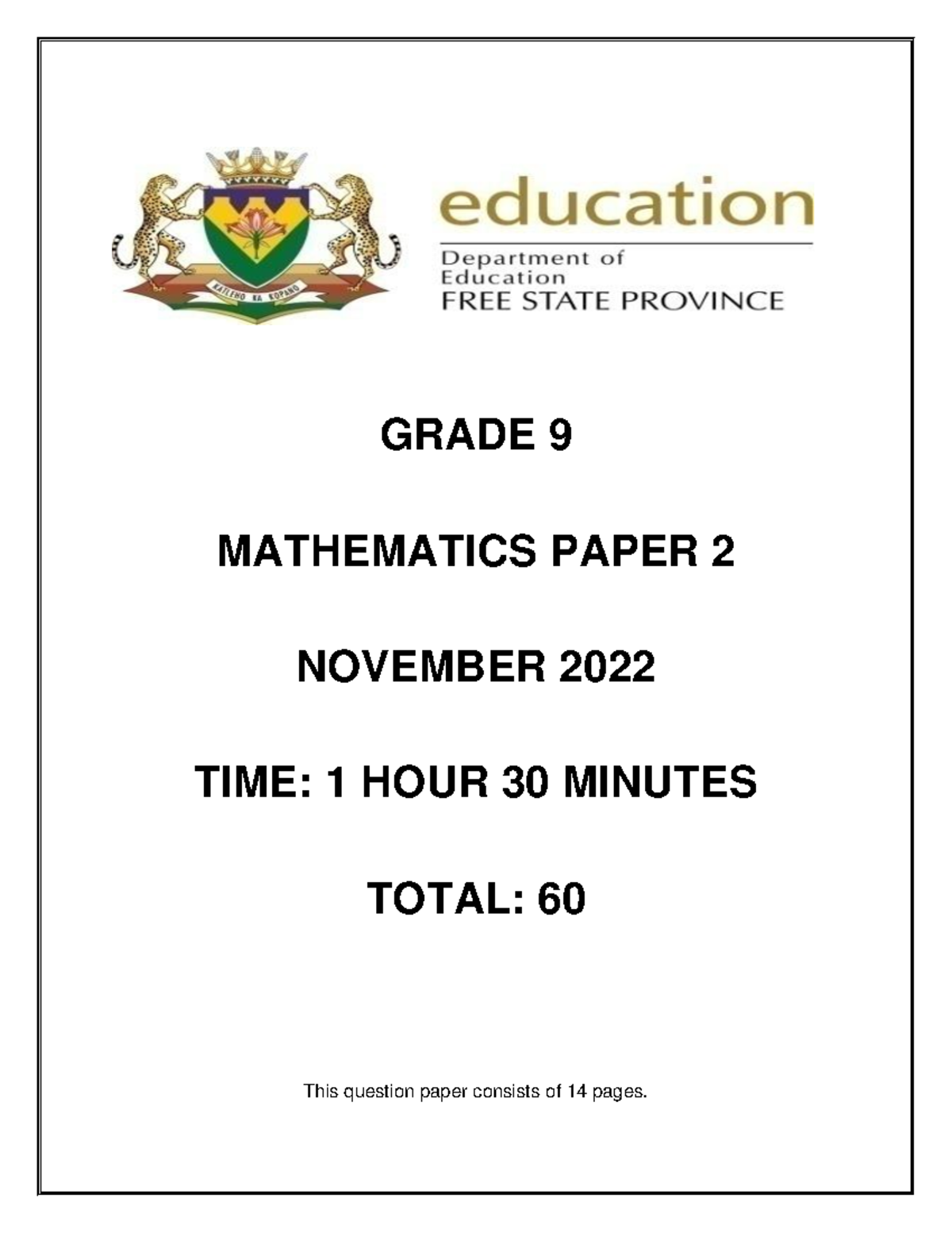 Grade 9 Mathematics Paper 2 November 2022 - Exam Questions and ...