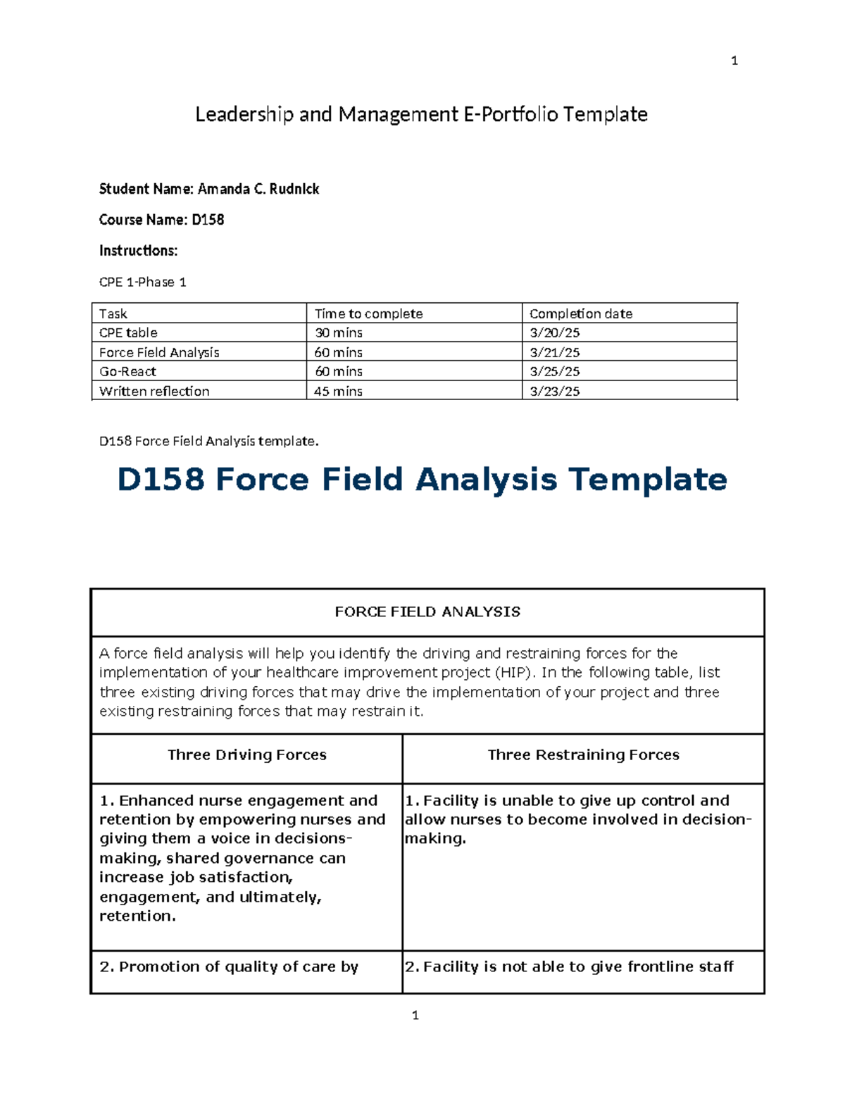 D158 Leadership & Management: Force Field Analysis Template - Studocu