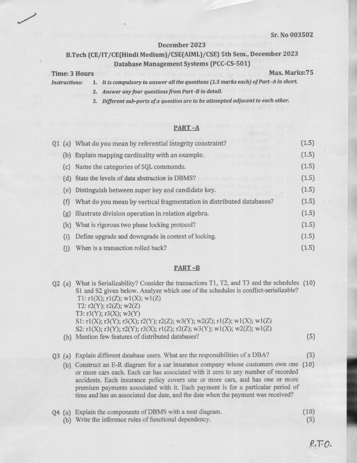 B.Tech 5th Sem. DBMS December 2023 Exam Paper - Studocu