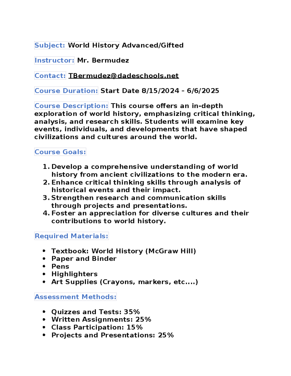 9th Grade World History Syllabus - Advanced/Gifted (Palmetto 2) - Studocu