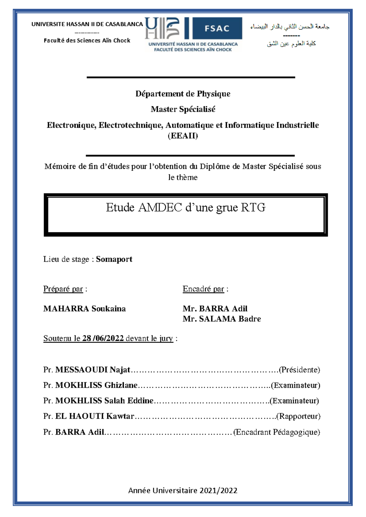 Etude AMDEC PFE sur la Grue RTG à Somaport - Master EEAII 2022 - Studocu