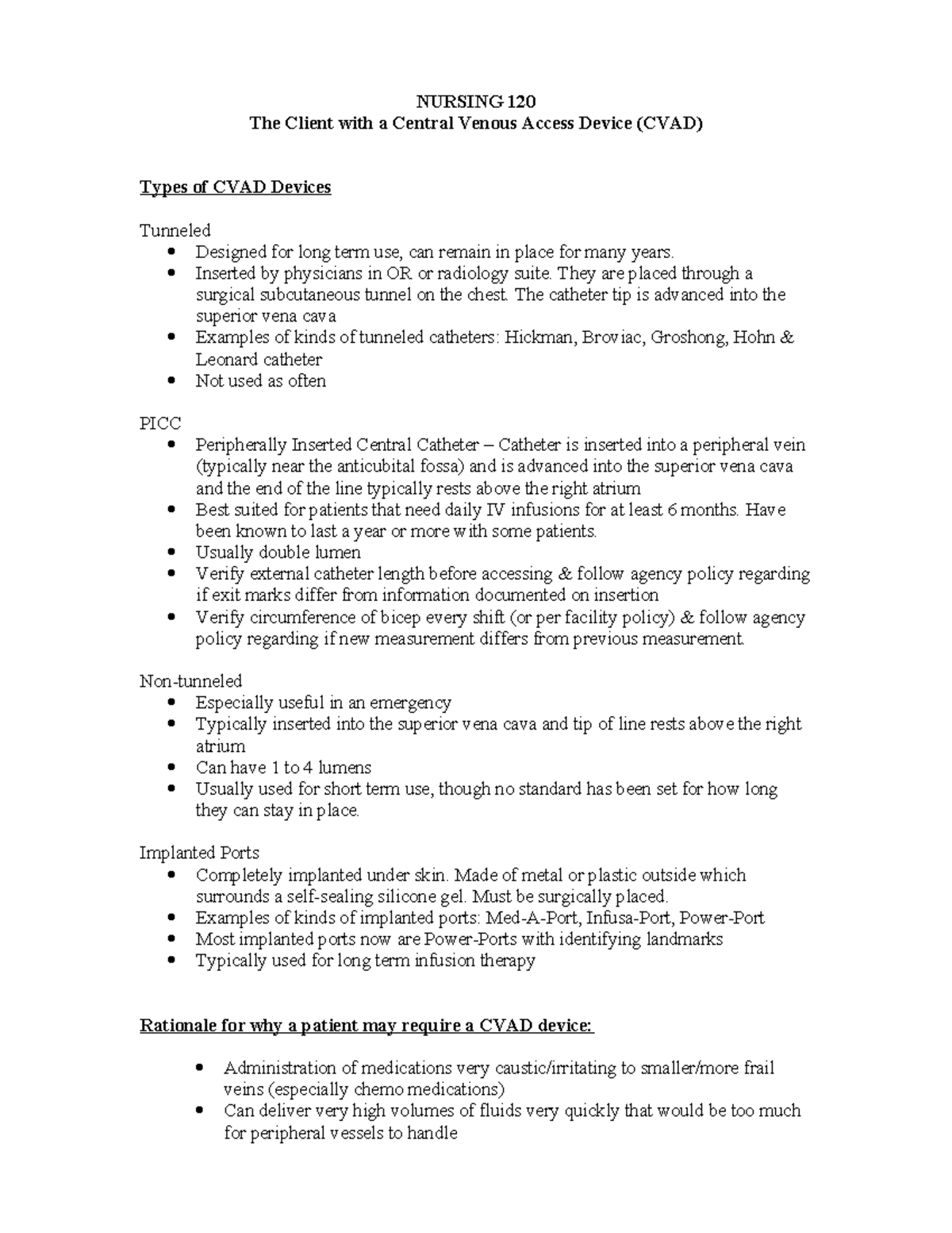 CVAD Overview and Management in NURS 120 Lecture Notes - Studocu