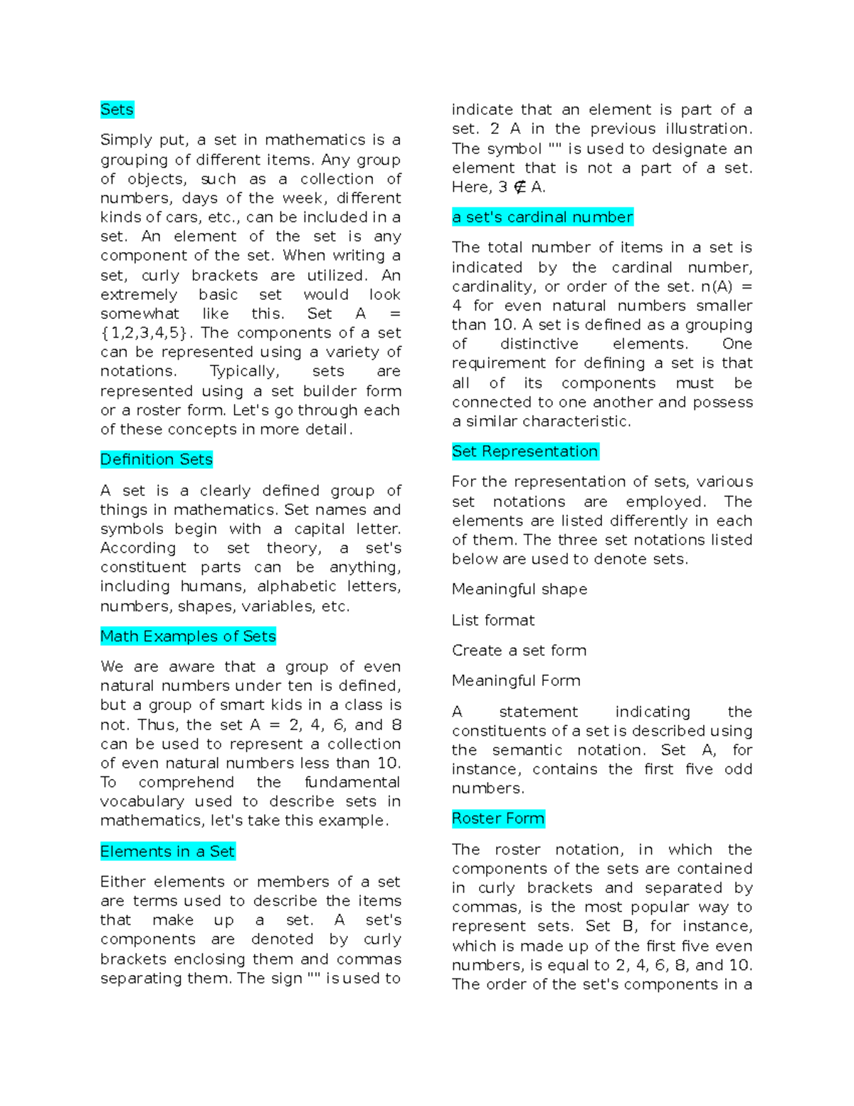 Sets - This is a study material about a mathematics topic called "sets ...