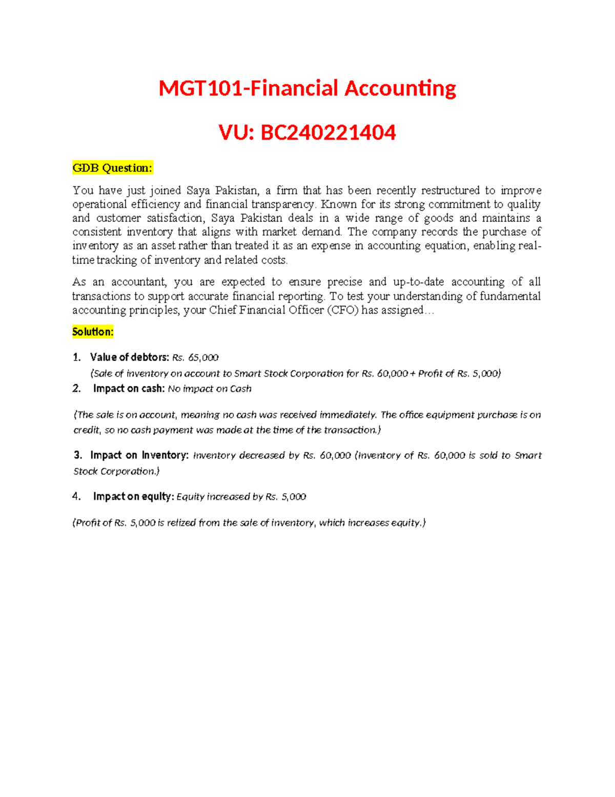 Mgt101 Gdb Solution On Financial Accounting Principles Studocu