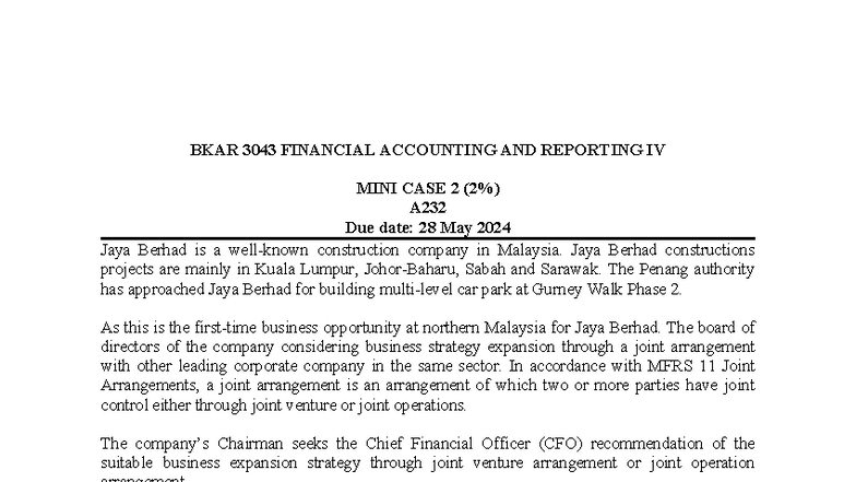 BKAR 3043 FINANCIAL ACCOUNTING IV Mini Case 2: Jaya Berhad Expansion ...