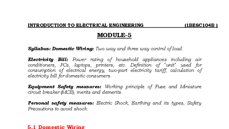 Electrical Engineering (1BESC104B) - Domestic Wiring & Safety Measures ...