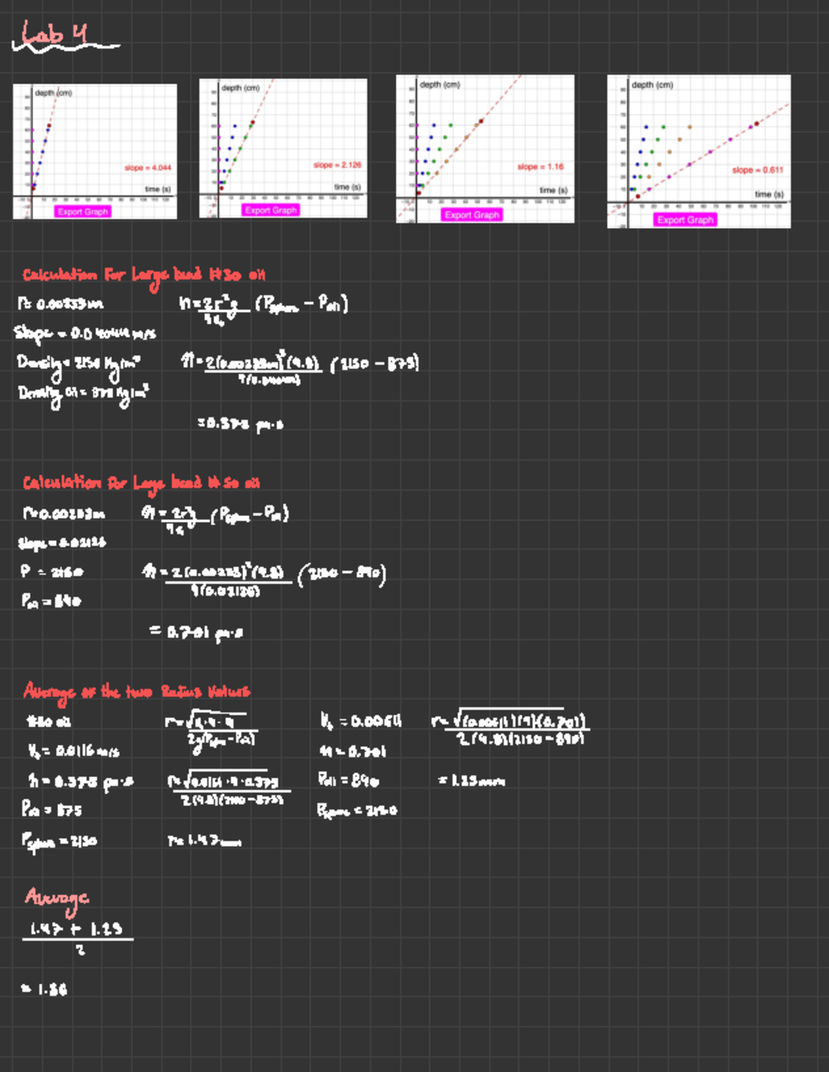Labs 6 - phys lab 6 - Lab Y we calculation for Large bead #30 oil #= 0 ...