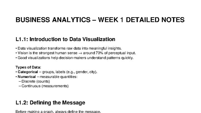 BUSINESS ANALYTICS WEEK 1: DATA VISUALIZATION NOTES - Studocu