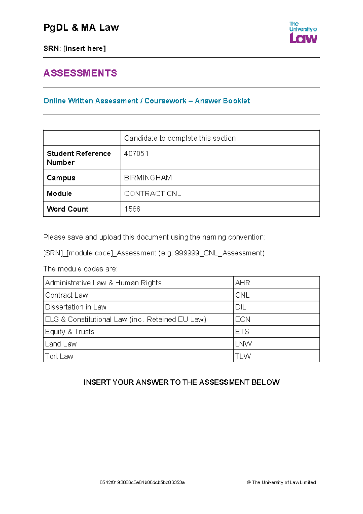 PgDL MA Law CNL: Mock Assessment on Contract Law Principles - Studocu