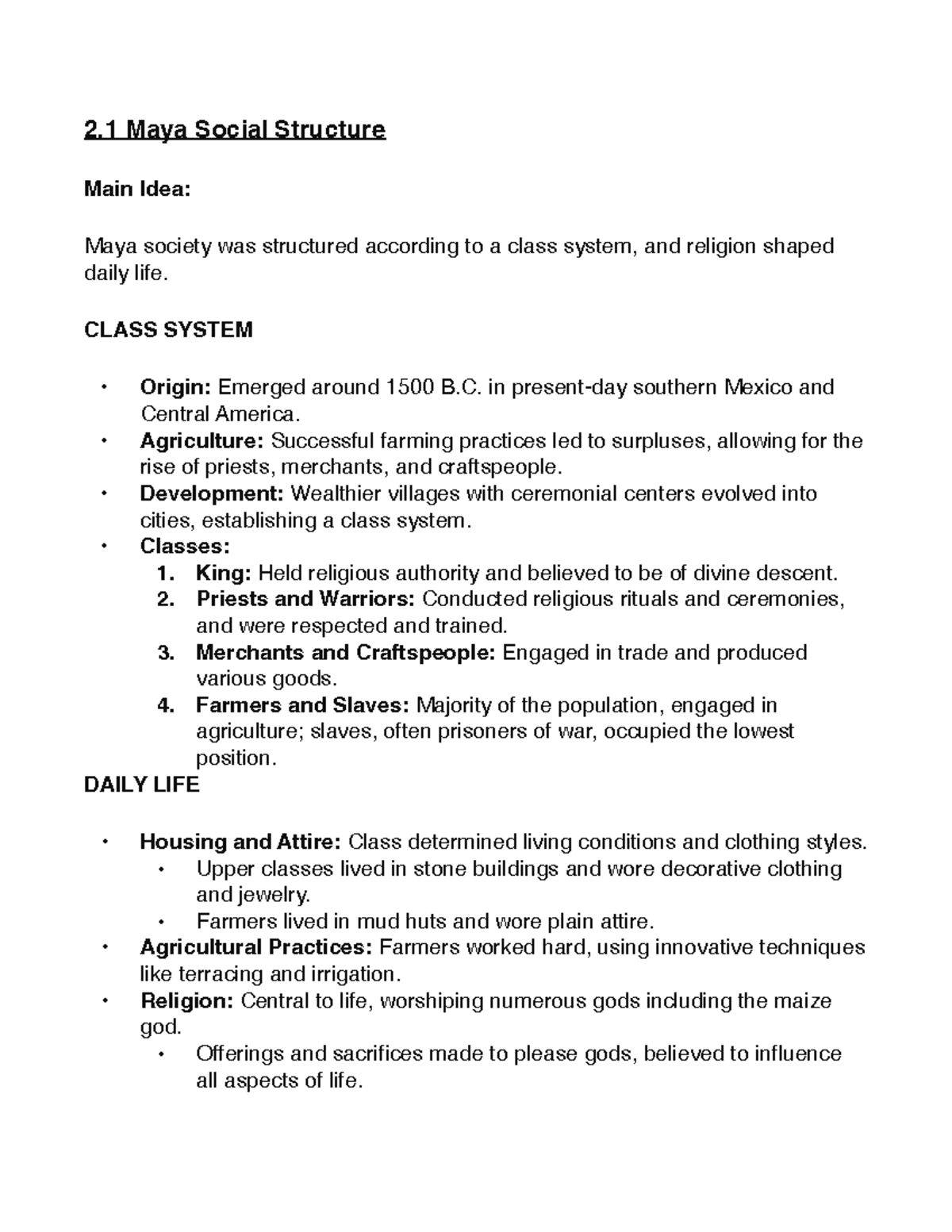Mayan SS Notes - 2 Maya Social Structure Main Idea: Maya society was ...