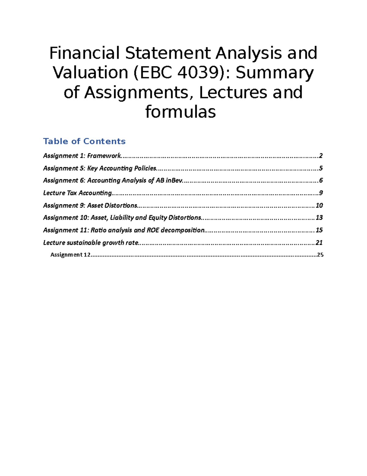 Summary of FSA Assignments, Formulas & Lectures (EBC 4039) - Studeersnel