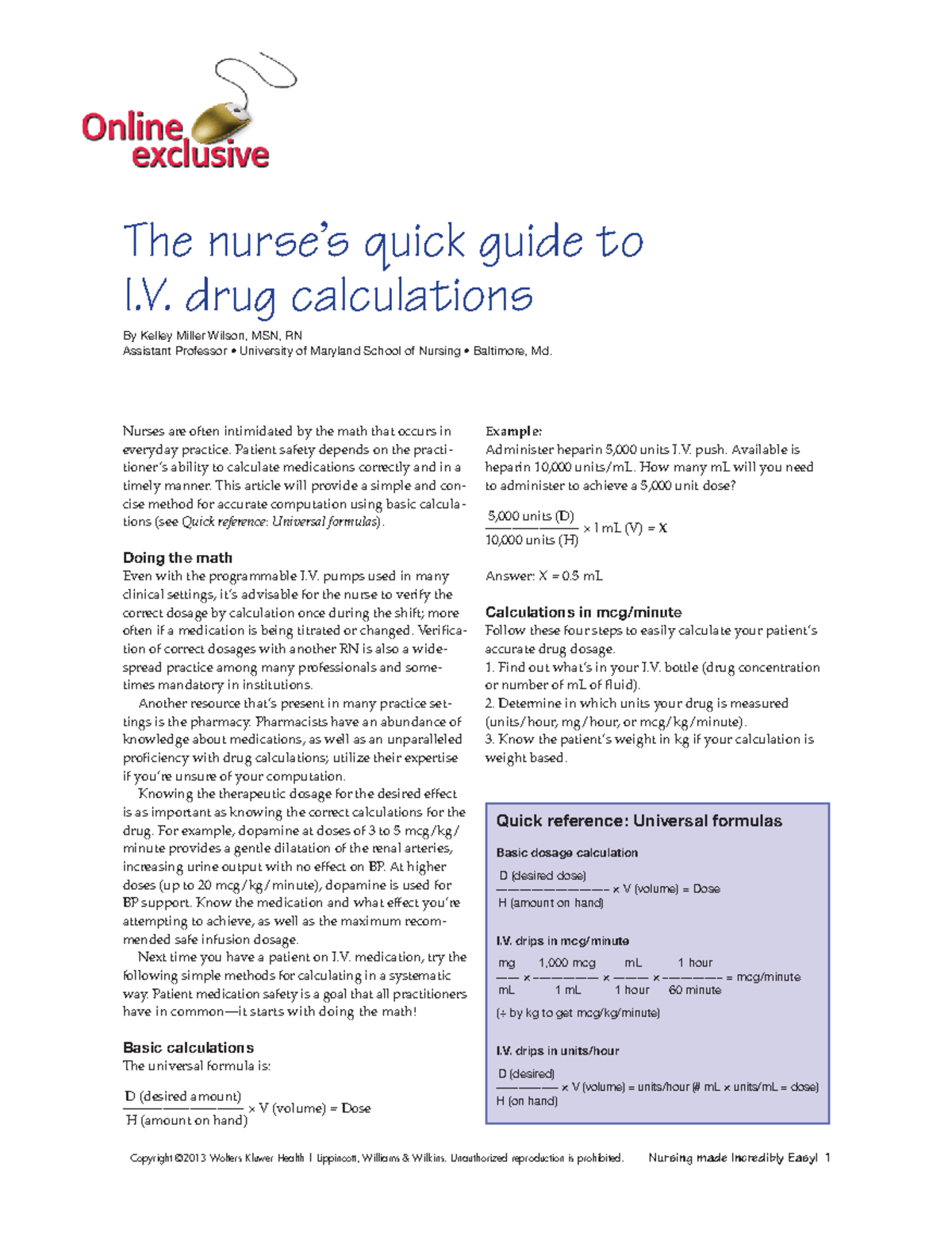 NURS 101: Quick Guide to I.V. Drug Calculations for Nurses - Studocu
