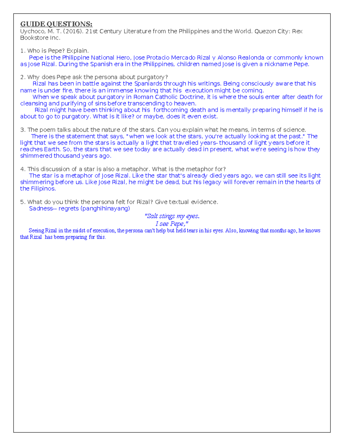 Guide Questions on Jose Rizal's Execution: Padre Faura Reflection - Studocu