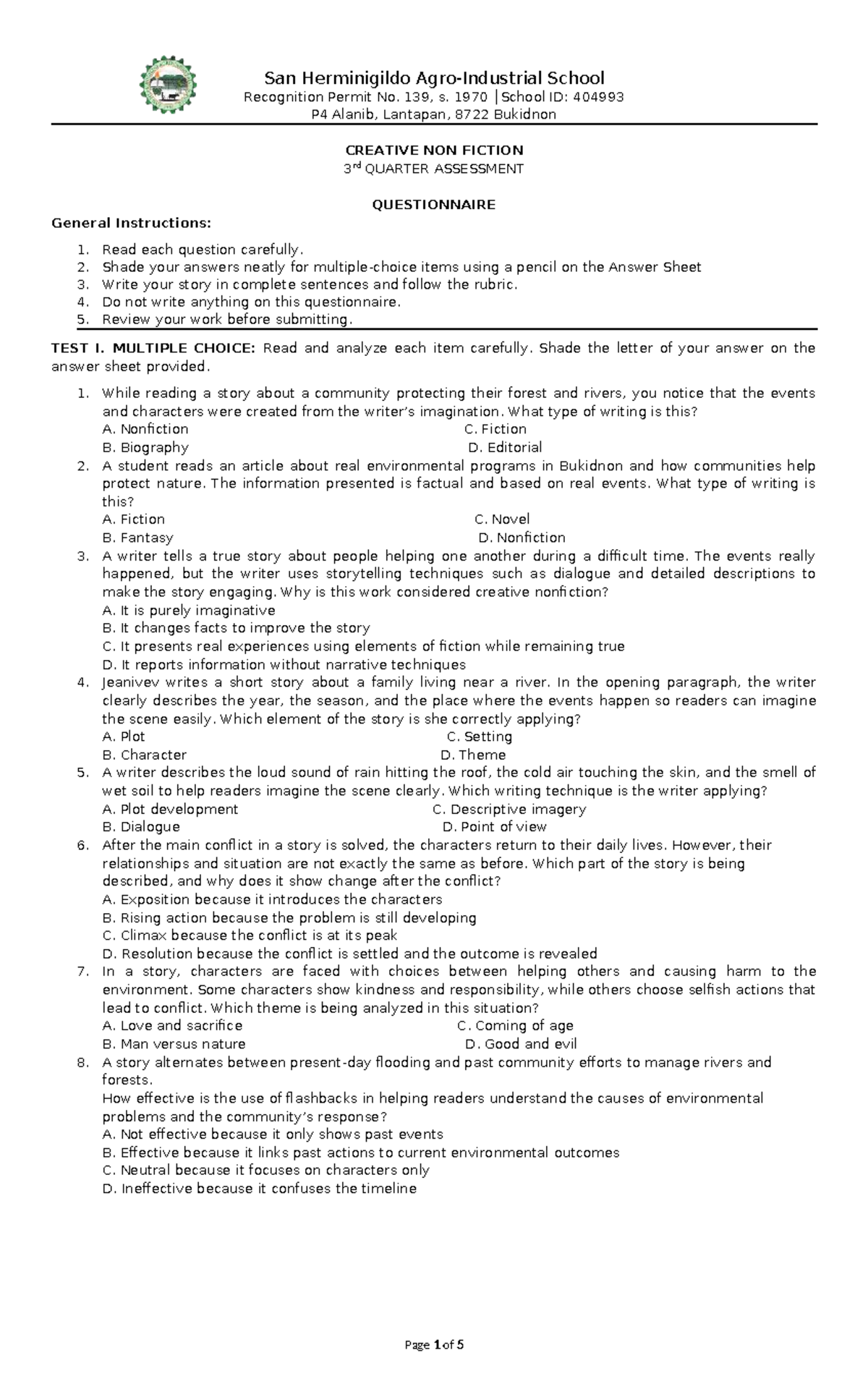 CREATIVE NONFICTION 3rd QTR ASSESSMENT QUESTIONNAIRE (ID: 404993) - Studocu