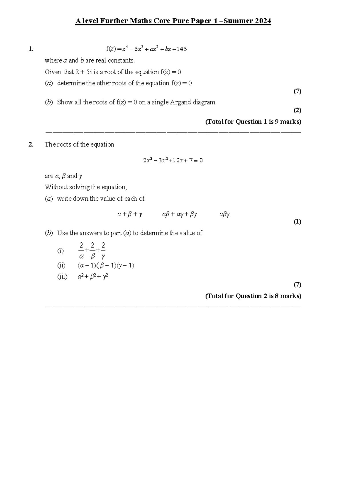 2024 A Level Further Maths Core Pure Paper 1 Exam Solutions - Studocu