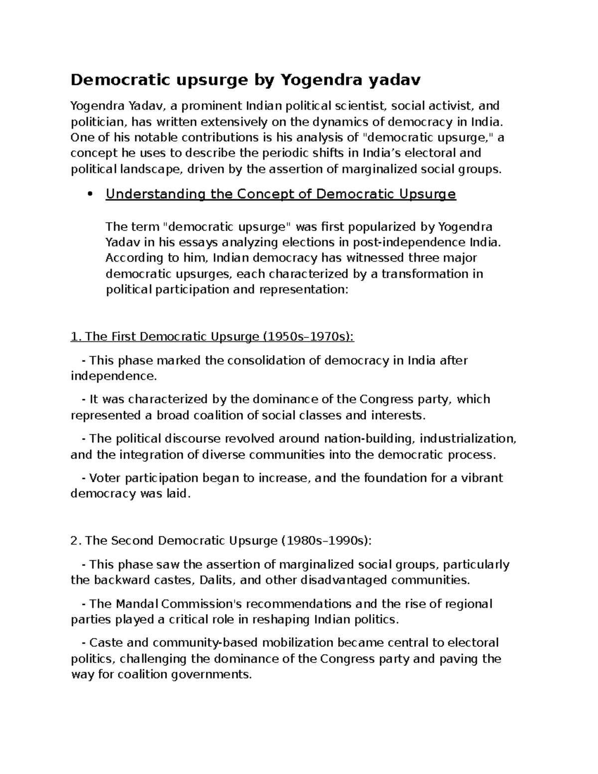 Pol Science Notes: Democratic Upsurge by Yogendra Yadav Analysis - Studocu