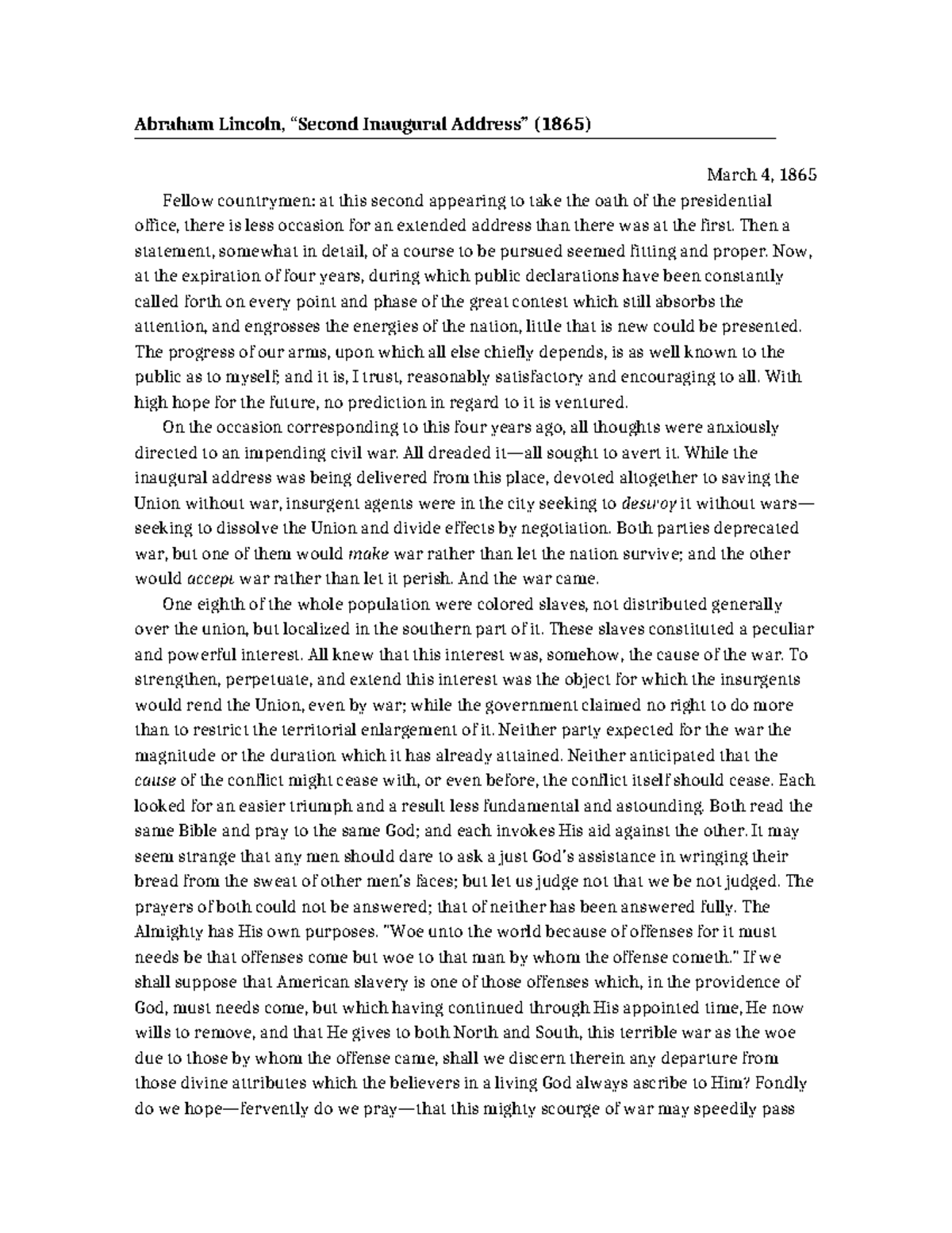 Lincoln's Second Inaugural Address (1865) - A Reflection on War - Studocu