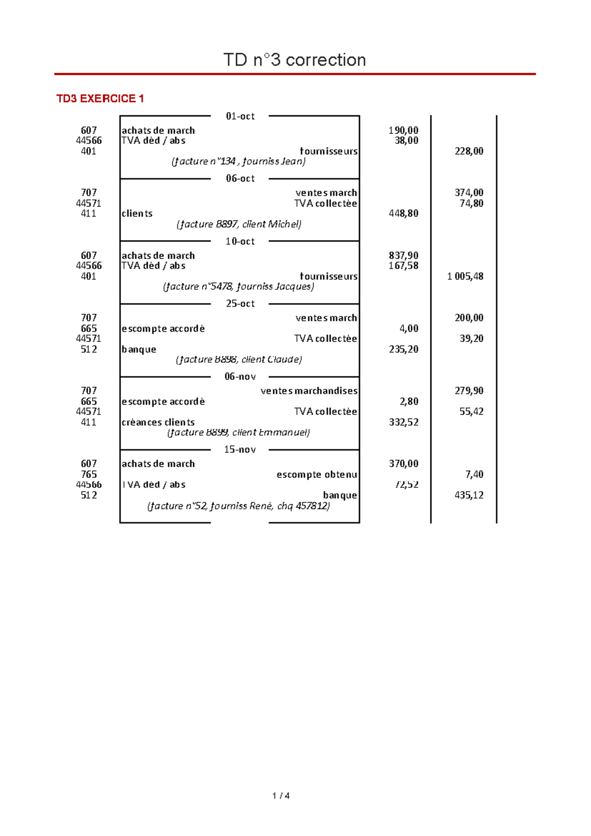TD3 correction - Fiche TD - TD n°3 correction TD3 EXERCICE 1 607 achats de march 190, 44566 TVA ...